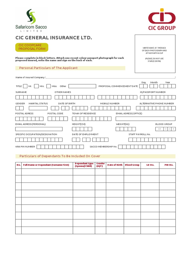 CIC SafaricomSacco CoopCare Proposal Form | PDF | Insurance | Heart