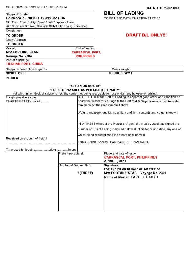 0412 Revised Draft BL MV Fortune Star V2304 at CNC | PDF | Water Transport | Shipping