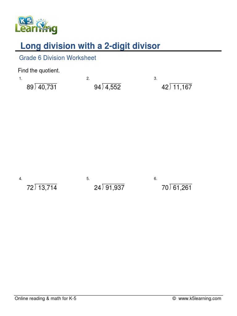 Grade 6 Long Division by 2 Digit Divisors A PDF | PDF | Teaching ...