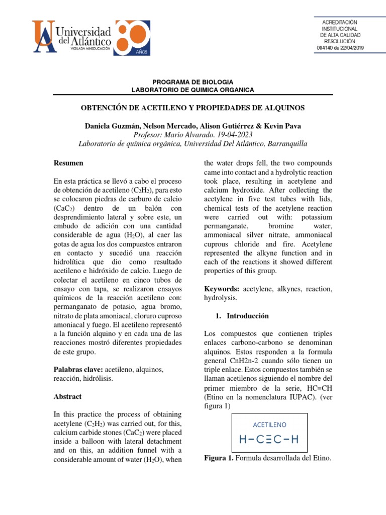 Informe Obtención de Acetileno PDF | PDF | Ácido | Etileno