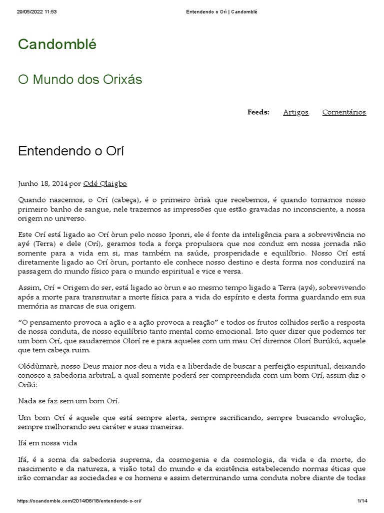 Entendendo o Orí - Candomblé | Download grátis PDF | Morte | Quaresma