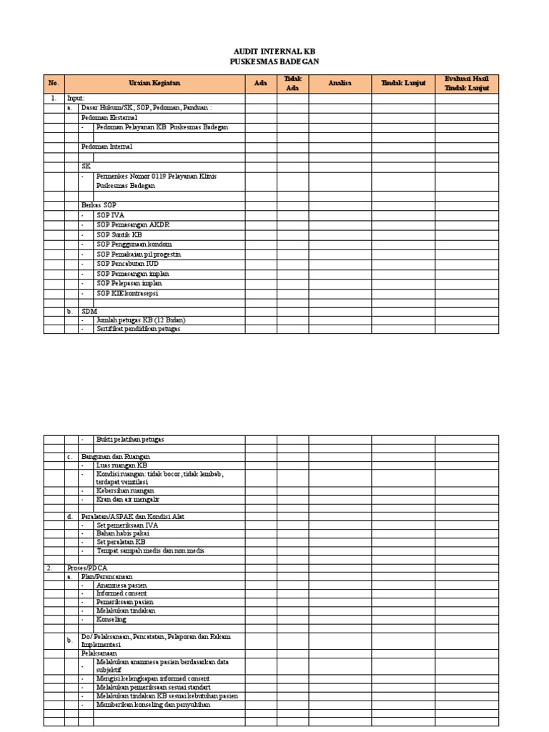 Audit Internal Pelayanan KB Puskesmas | PDF