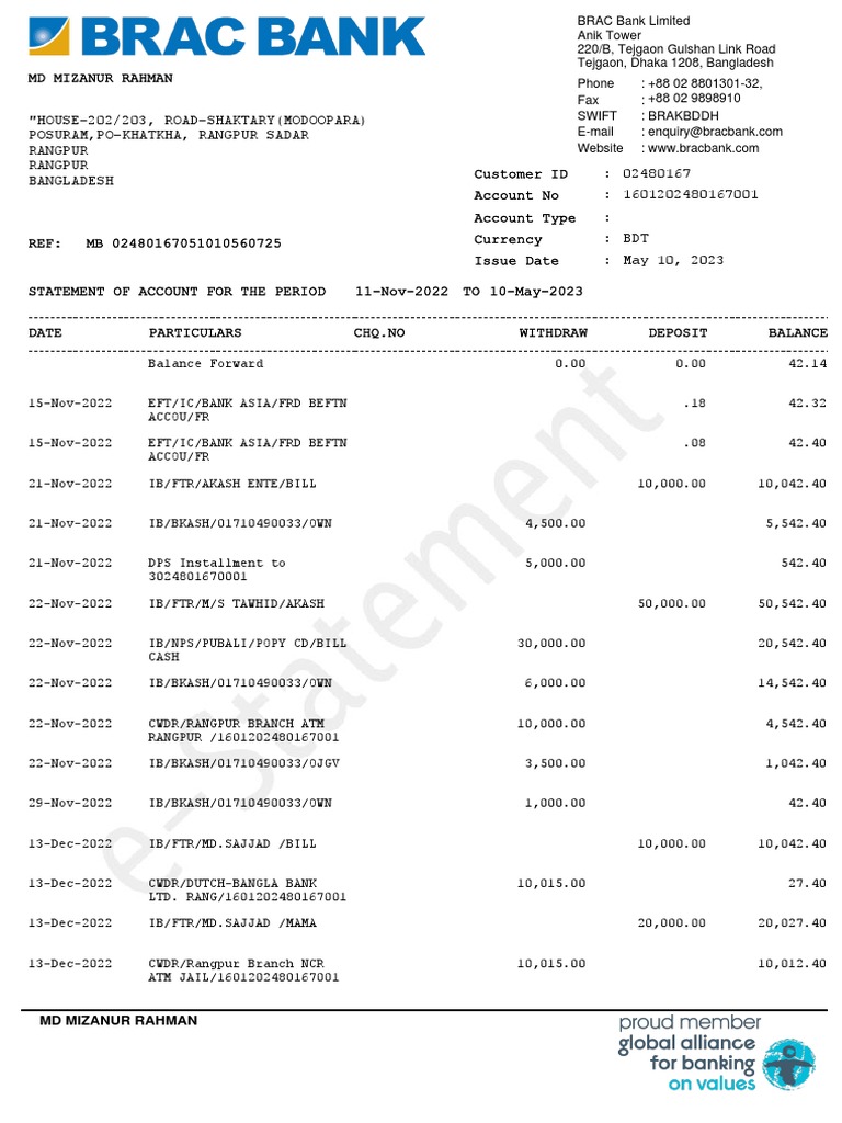 BRAC Bank Statement 10052023 PDF | PDF | Services (Economics) | Financial Services
