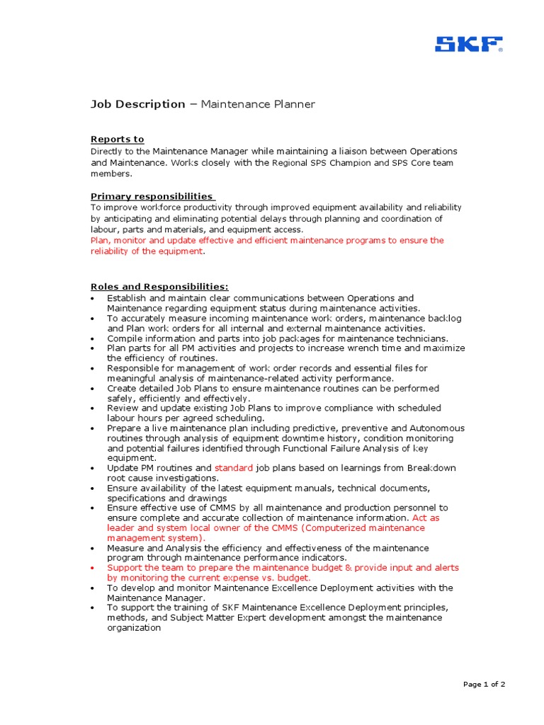 Maintenance Planner Job Overview | PDF | Reliability Engineering | Business