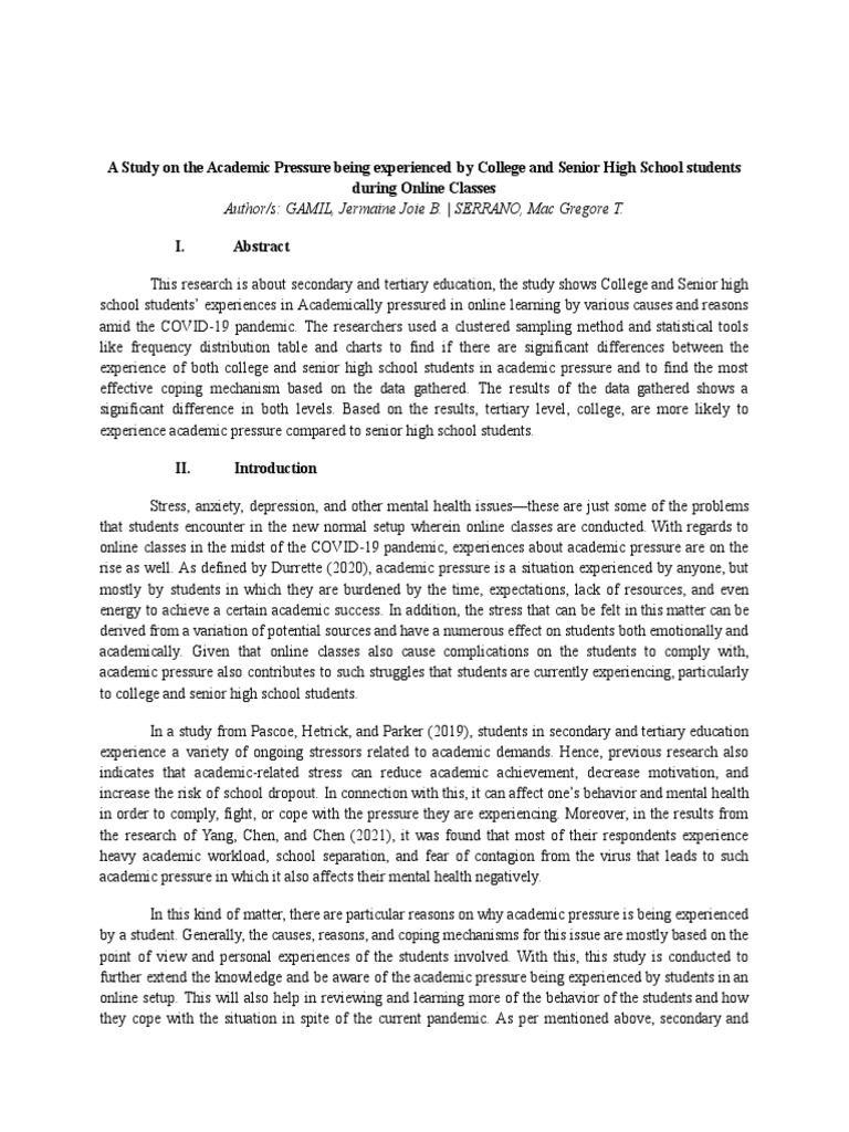 A Study On The Academic Pressure Being Experienced by College and ...