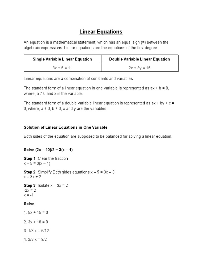 Linear Equations | PDF | Equations | System Of Linear Equations