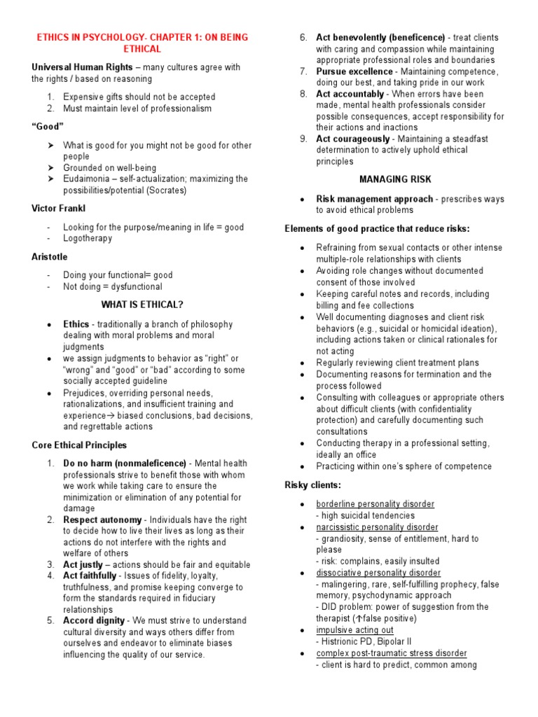Ethics in Psychology Chap 1 Reviewer | PDF | Personality Disorder | Mental Disorder