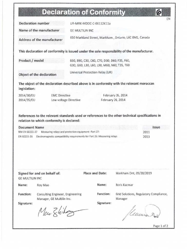 Certificado Conformidad Ge L90 F60 B30 | PDF