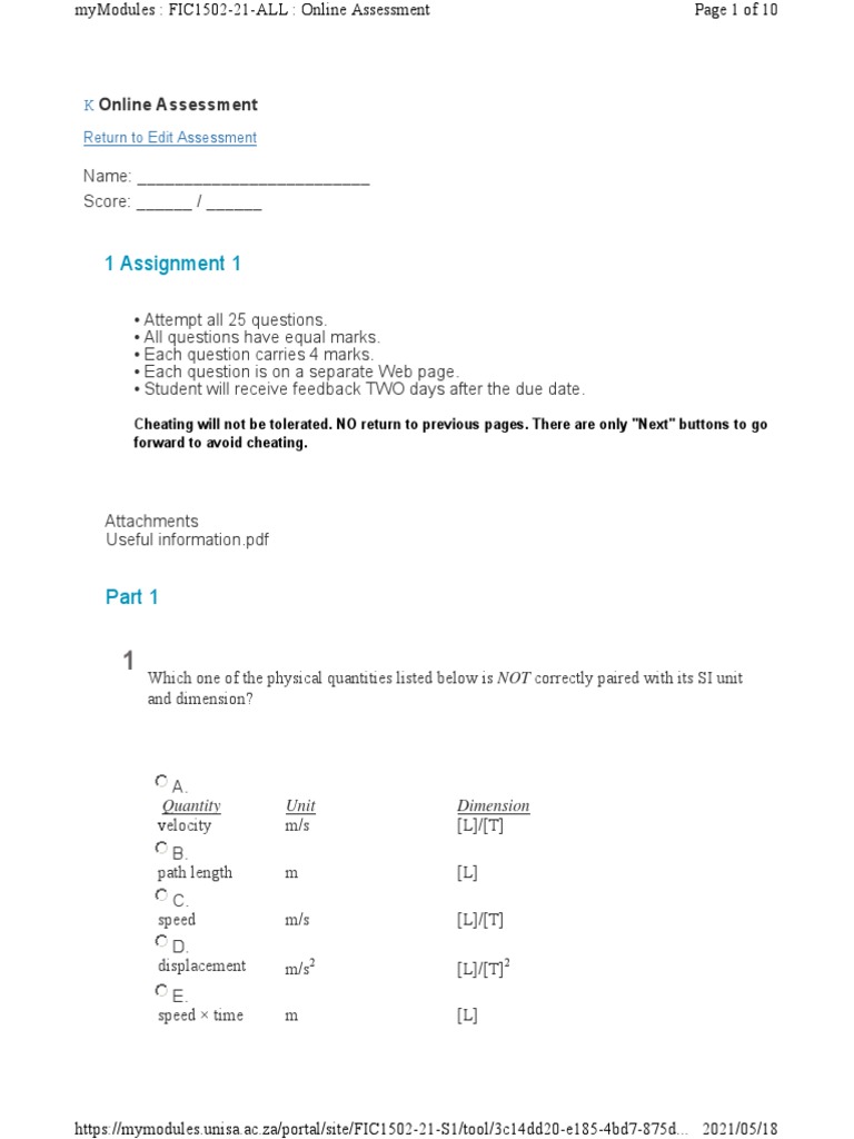 1 Assignment 1 - FIC1502 - 2021 | PDF | Kinetic Energy | Acceleration