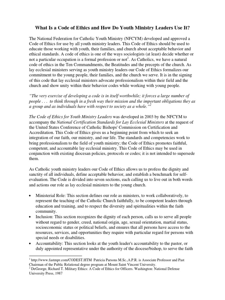 Code of Ethics Youth Ministry Leaders PDF | PDF | Catholic Church | Diocese