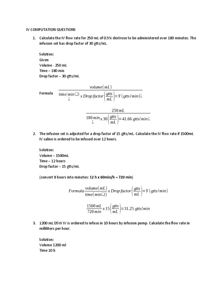 Iv Computation Questions | PDF | Intravenous Therapy | Volume
