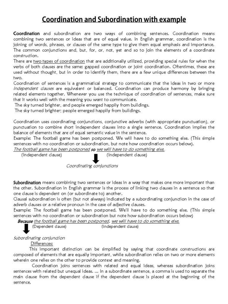 Coordination and Subordination With Example | PDF | Clause | English ...