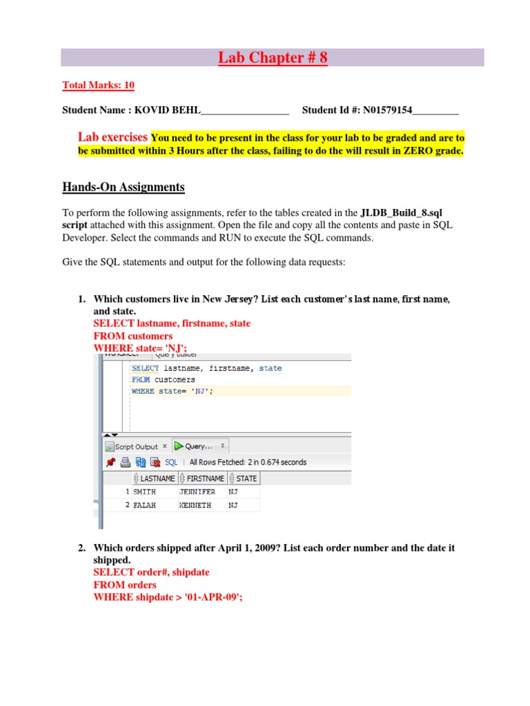 Queries and Results from the JustLee Database Lab | PDF | Databases | Sql Queries and Results from the JustLee Database Lab | PDF | Databases | Sql