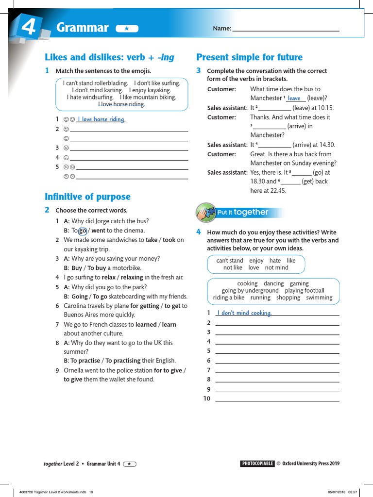 Together 2 Worksheets Unit4 | PDF | Outdoor Recreation | Linguistics