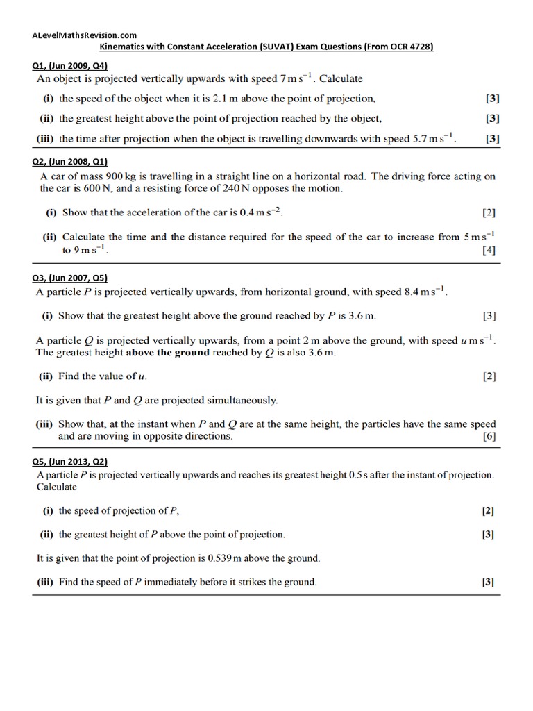 Kinematics With Constant Acceleration (SUVAT) Exam Questions PDF | PDF