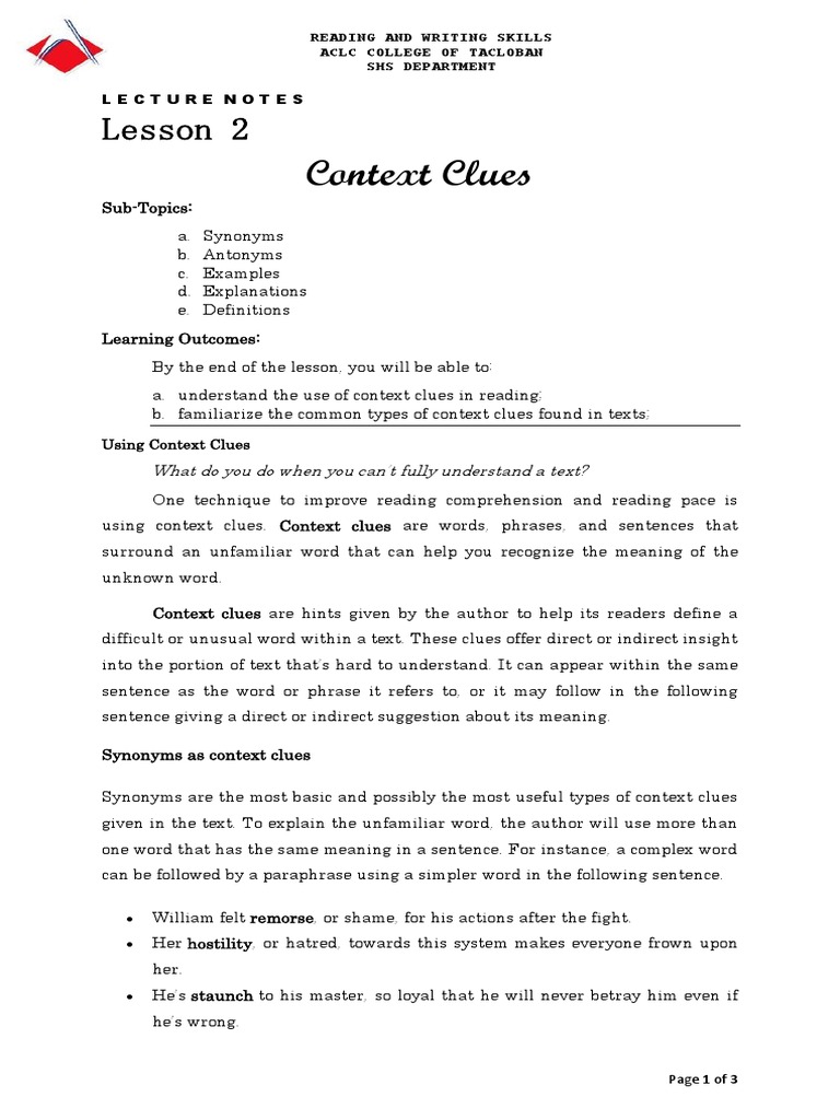 Lesson-2-Context-Clues-2.pdf | PDF | Reading Comprehension | Cognitive Science
