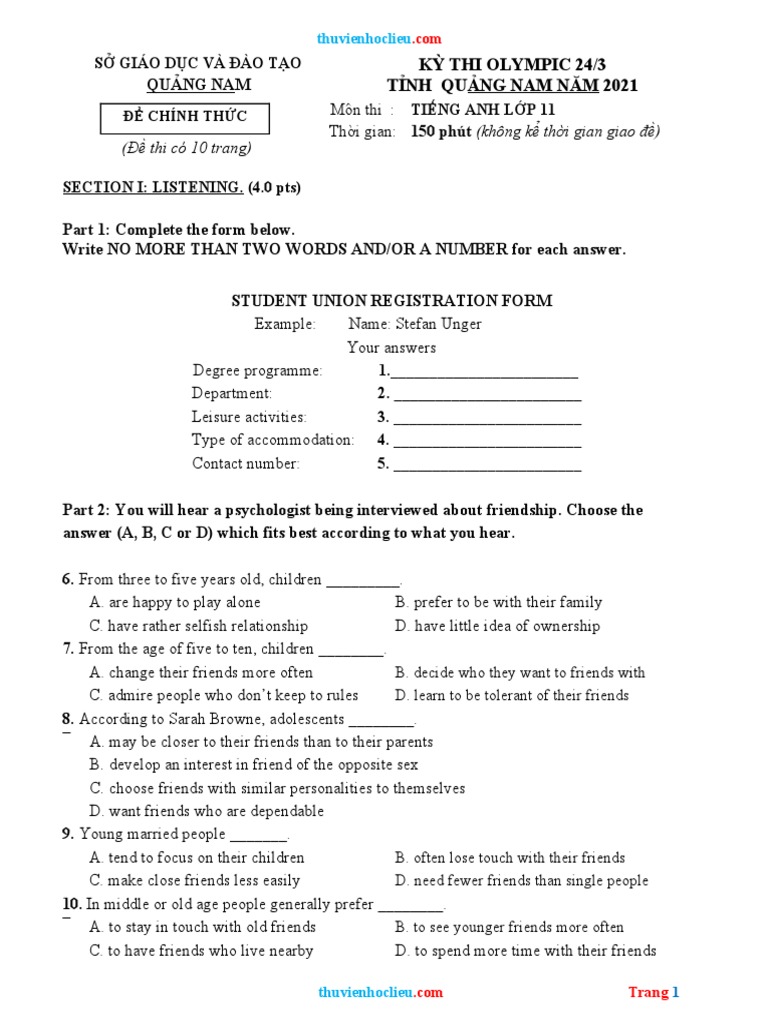 De Thi Olympic Tieng Anh 11 Quang Nam 2021 Co Dap An | Download Free ...