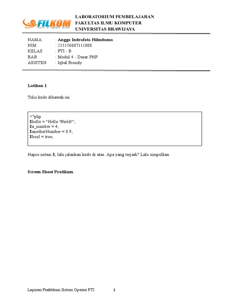 Praktikum Dasar PHP: Variabel dan Operasi | PDF