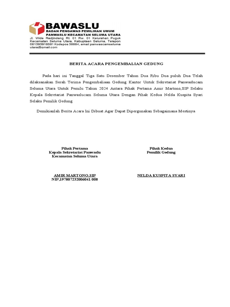 Berita Acara Pengembalian Gedung | PDF