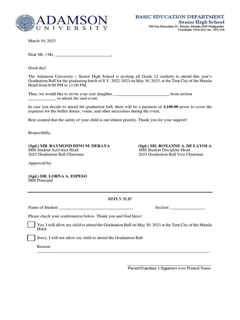 Invitation to Attend the Adamson University Senior High School ...