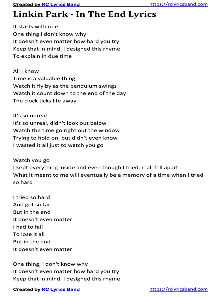 Linkin Park - In The End Lyrics | PDF