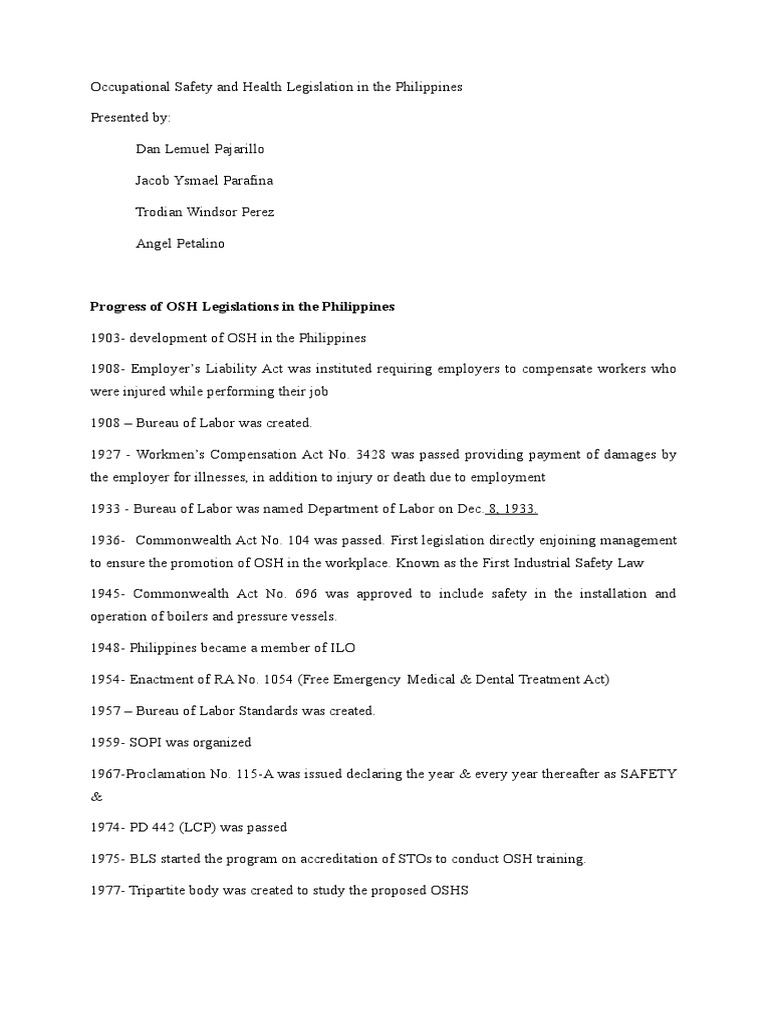 Occupational Safety and Health Legislation in The Philippines | PDF ...