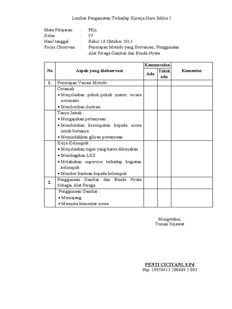 Contoh Lembar Pengamatan Kinerja Guru | PDF