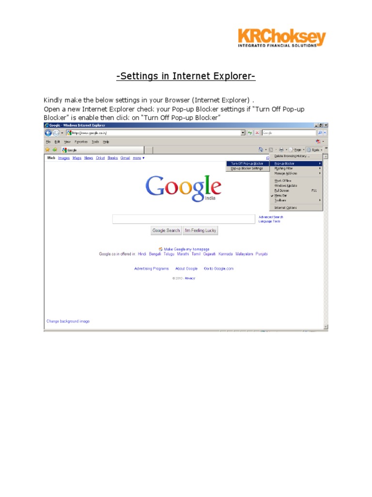 Settings in Internet Explorer | PDF