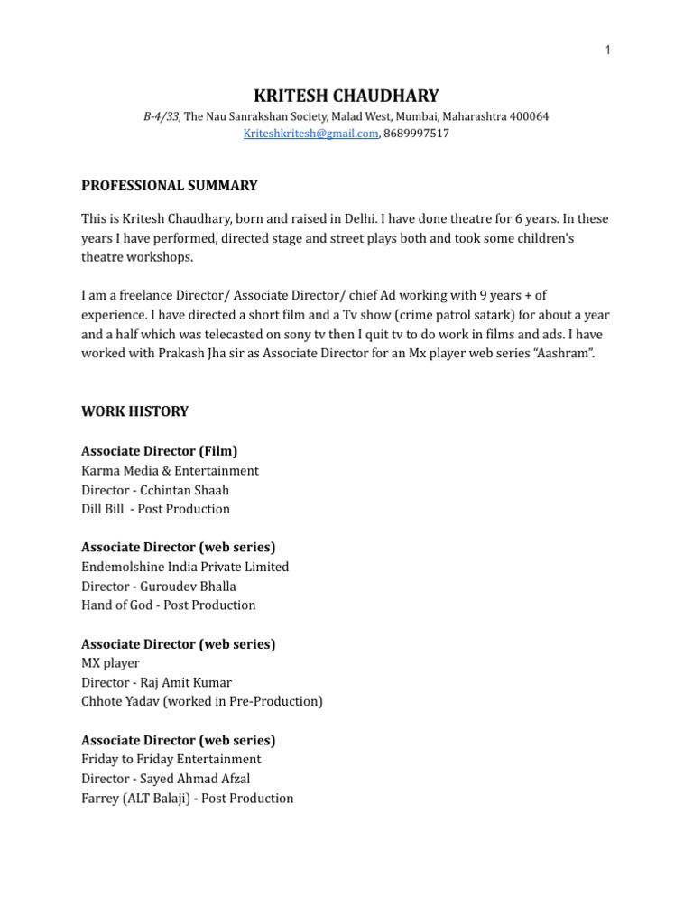 Kritesh Chaudhary Work Profile. | PDF