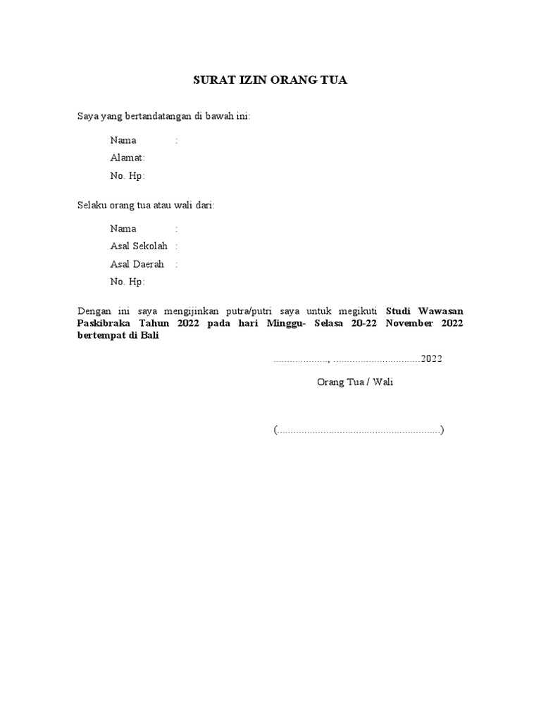 Surat Ijin Orang Tua | PDF Surat Ijin Orang Tua | PDF