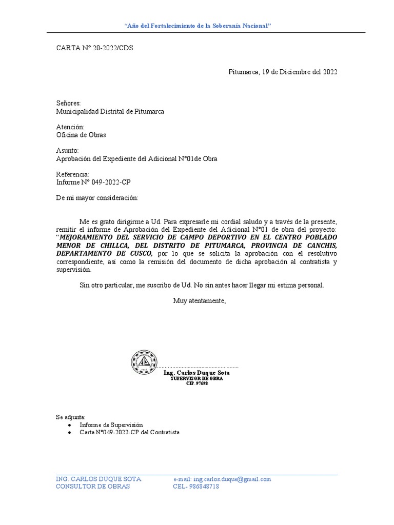 1.-CARTA N° 20-2022 DE APROBACION DEL ADICIONAL N°01 DE OBRA | PDF