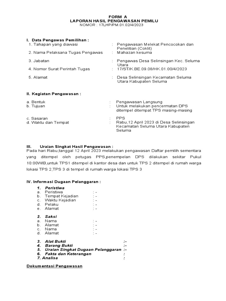 Sinar Pagi FORM - A - LHP DPSselinsingan | PDF