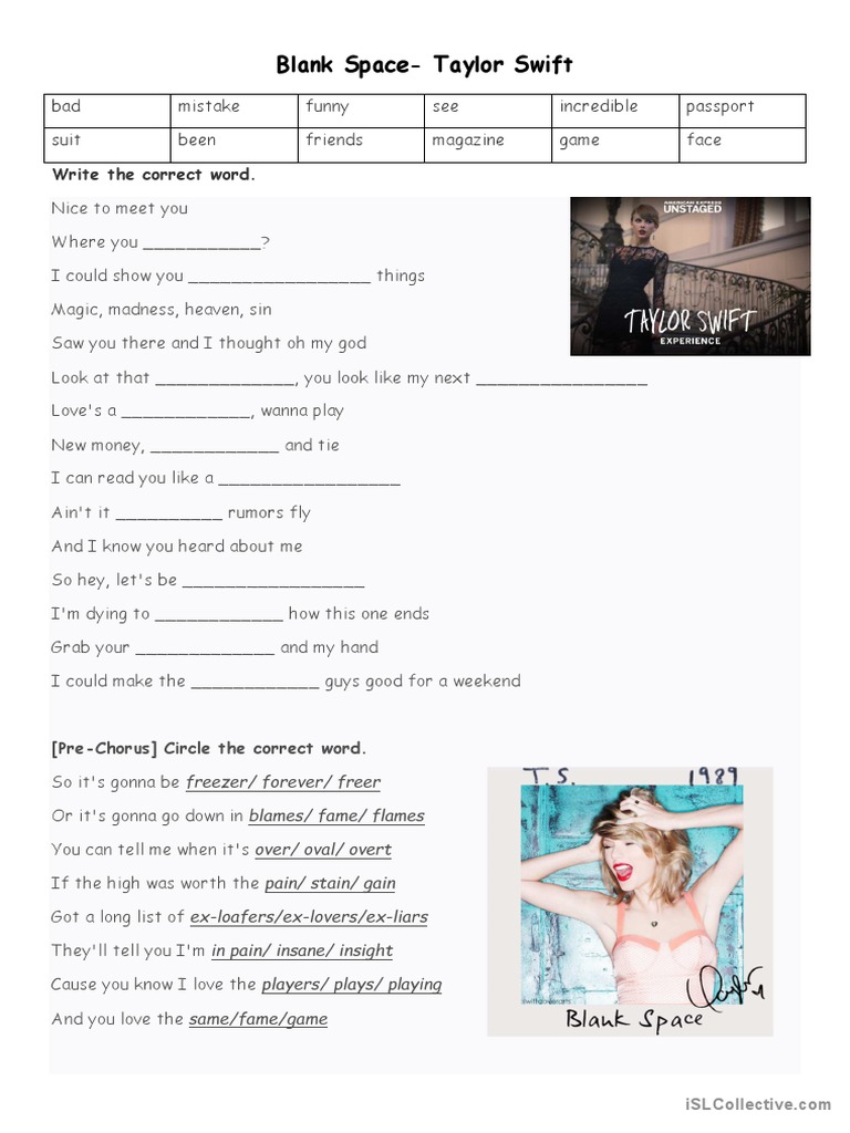 Taylor Swift "Blank Space" Fill-in Activity | PDF | Language Arts ...