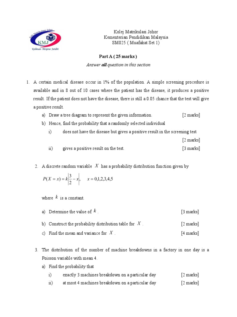 SM025 KMJ Muafakat Set 1 (Question) | PDF | Probability Density Function | Variance