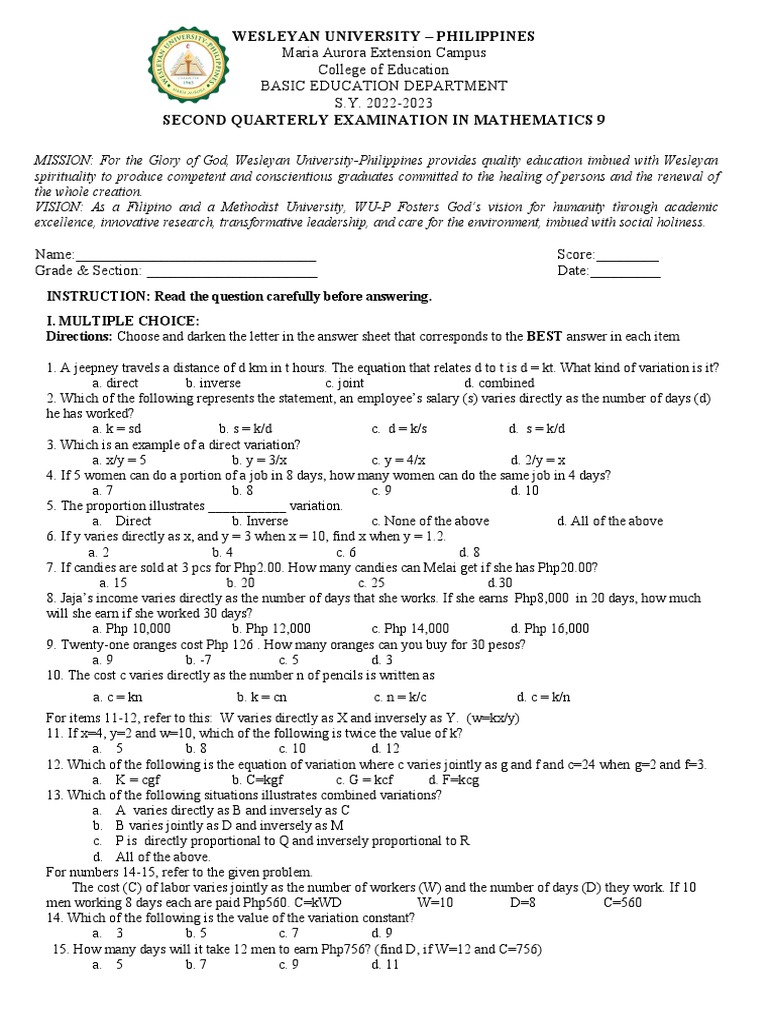 Mathematics Examination for Grade 9 Students Focused on Variations ...
