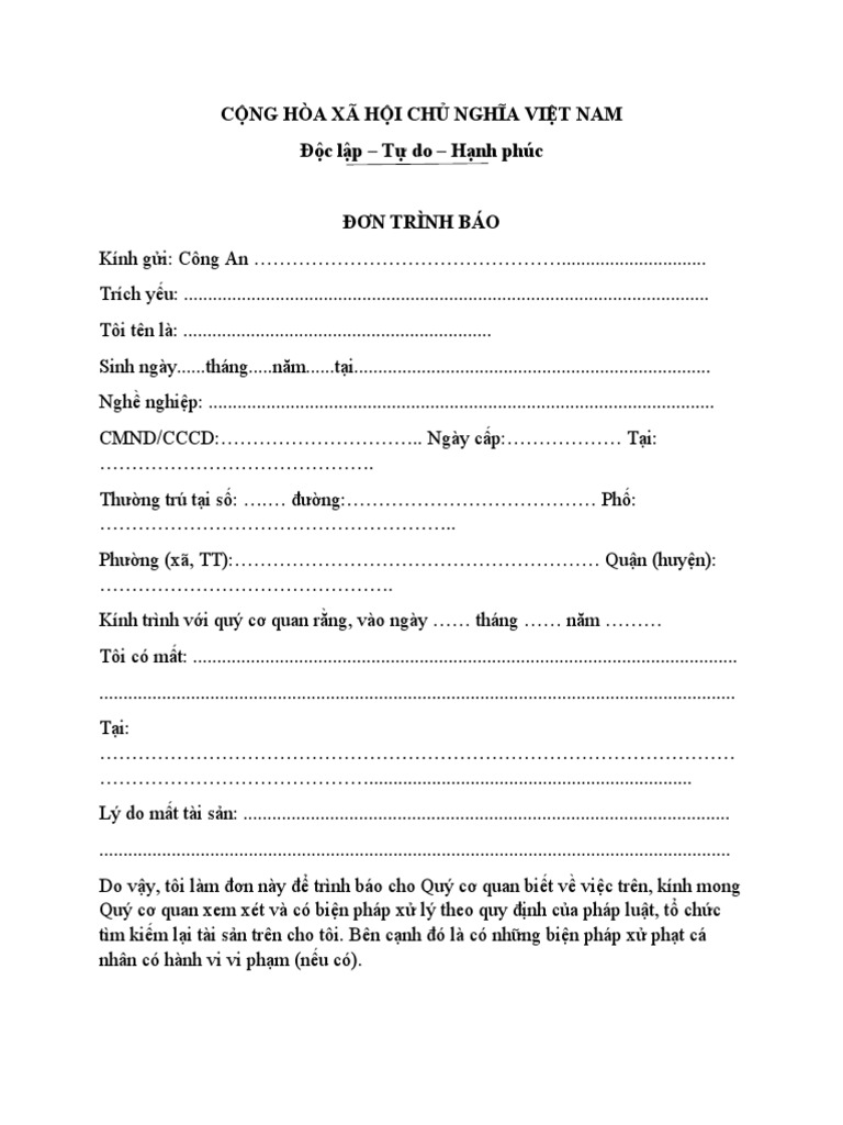 Mau Don Trinh Bao Cong An Mat Tai San | PDF