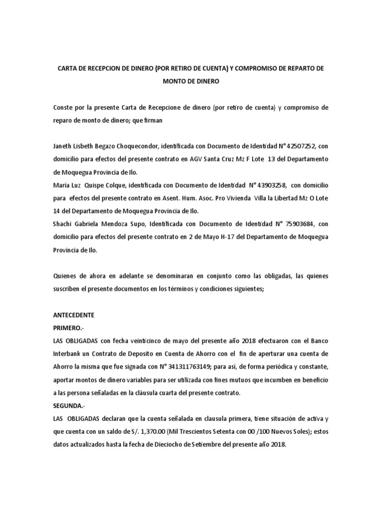 Carta Compromiso de Obligacion de No Hacer Sobre Cuenta de Ahorros | PDF
