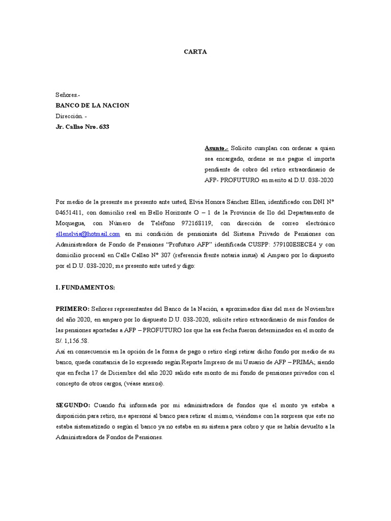 Carta Banco de La Nacion - Elvia | PDF | Pensión