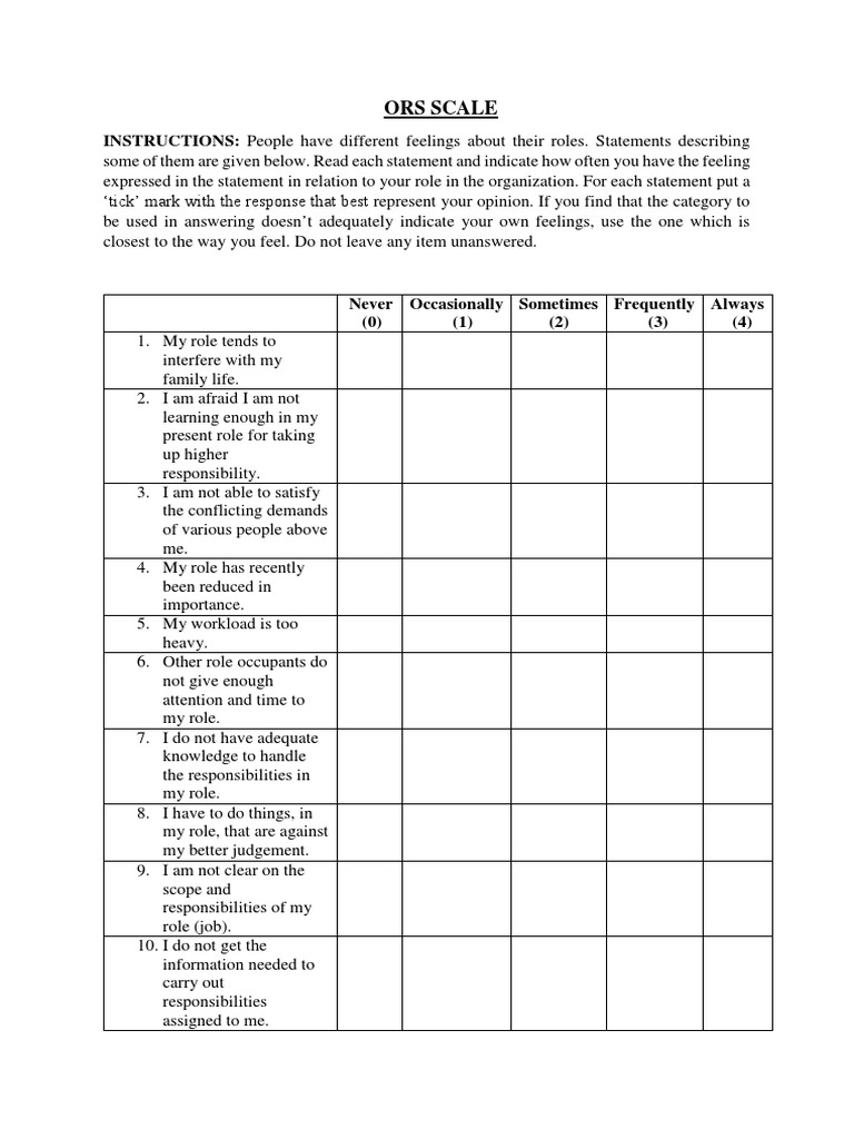 Ors Scale: INSTRUCTIONS: People Have Different Feelings About Their ...