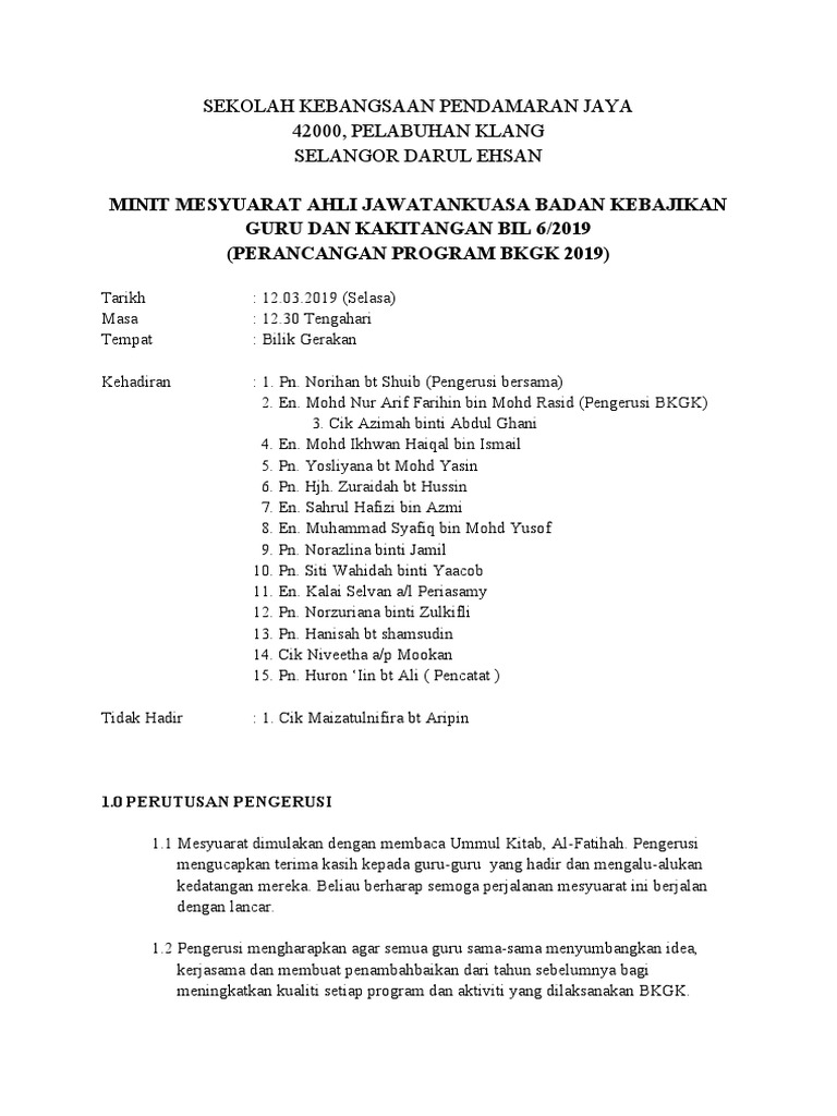 Bil 6 Minit Mesyuarat BKGK Perancangan Aktiviti 2019 | PDF