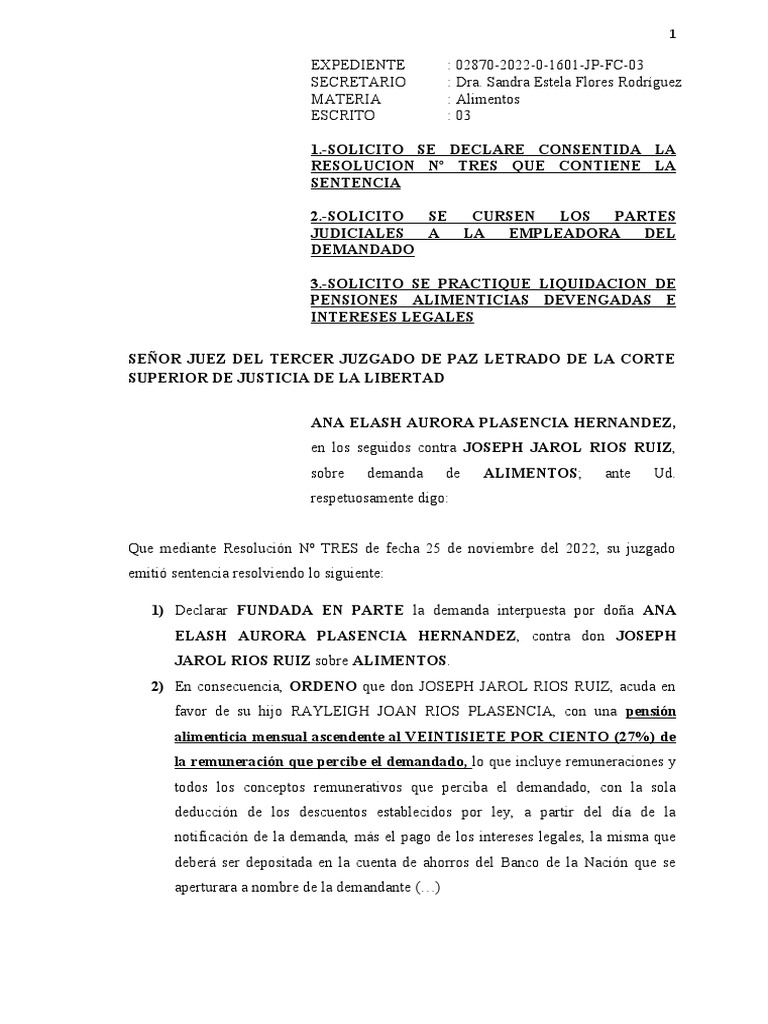 Solicito Se Declare Consentida La Sentencia y Otros | PDF | Pensión alimenticia | Justicia