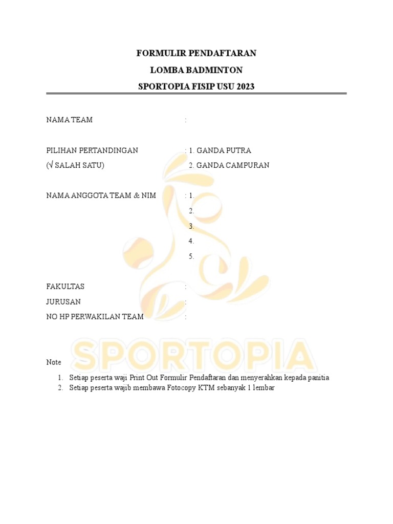 Formulir Pendaftaran Lomba Badminton | PDF