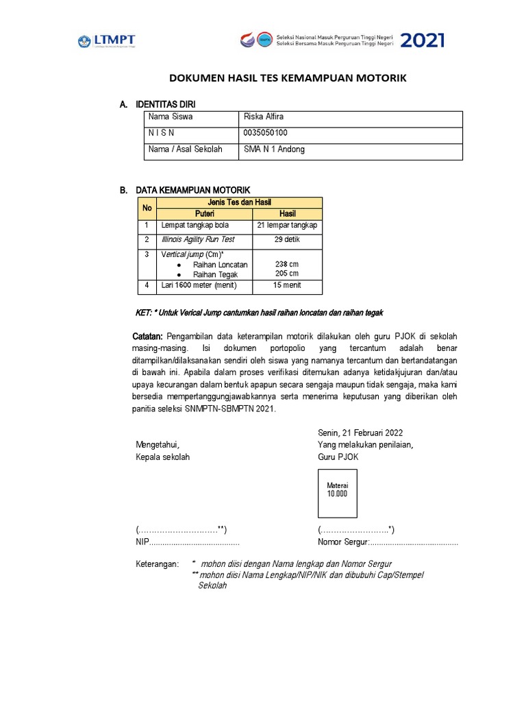 01 Template DOKUMEN KETERAMPILAN MOTORIK (PORTOFOLIO OLAHRAGA 2021) | PDF