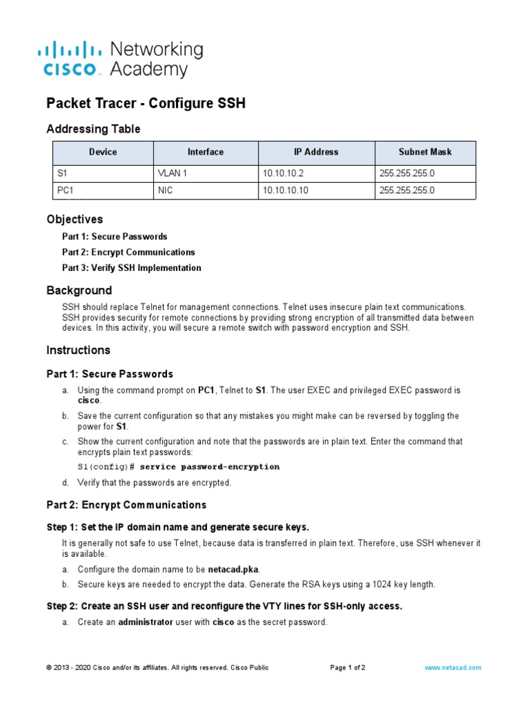1 3 6 Packet Tracer Configure Ssh Pdf