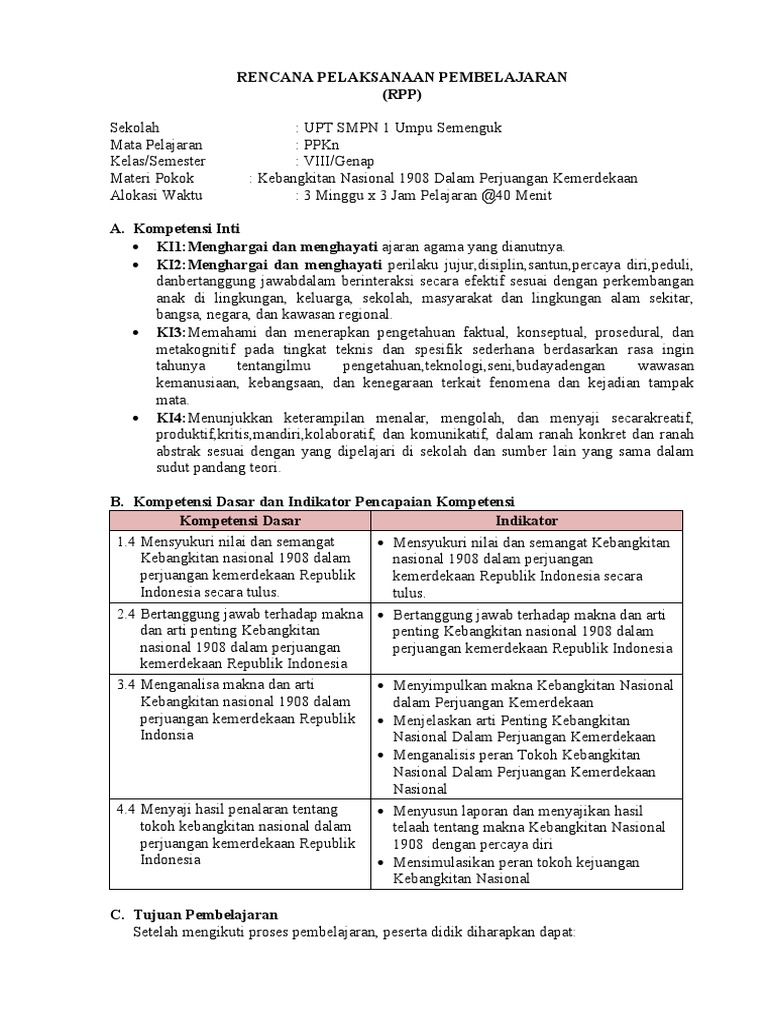 RPP PPKN KELAS 8 (Bab 4) | PDF