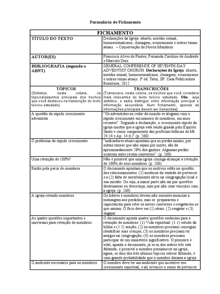 Fichamento - Modelo Preenchido | PDF | Igreja católica