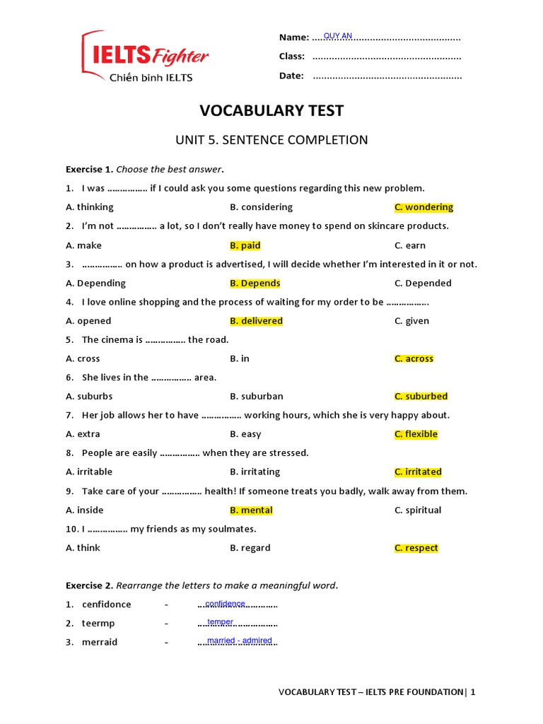 Vocab Test Unit 5 | PDF | Cognitive Science | Psychology