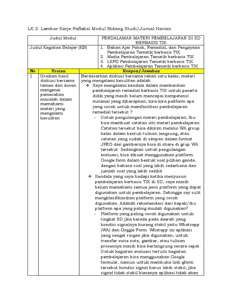 LK 2 - Lembar Kerja Refleksi Modul Bidang Studi Jurnal Harian | PDF | Karier & Perkembangan