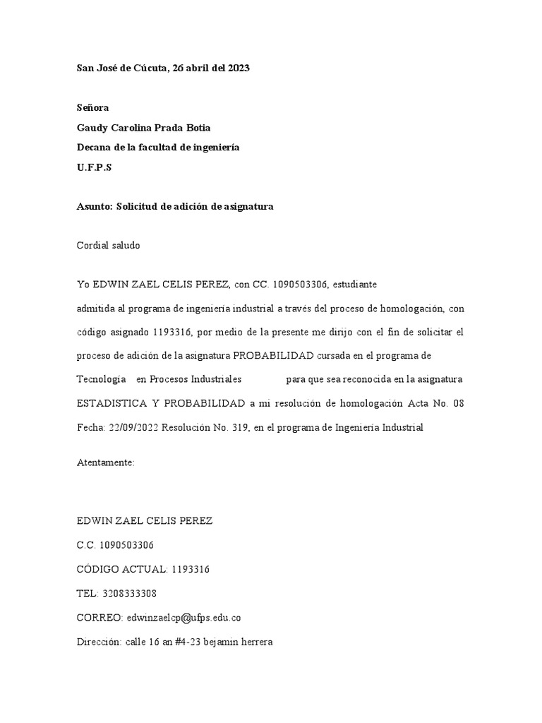 Solicitud de Adiciòn de Materias. EDWIN CELIS. Cod. 1193316 | PDF