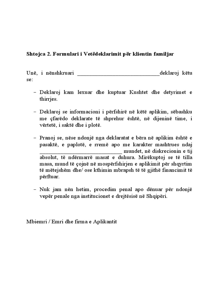 Shtojca 2. Formulari I Vetedeklarimit Per Klientin Familjar | PDF